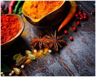 Wallario Poster - Exotische Gewürze auf einem Holztisch in Premiumqualität, Größe: 40 x 50 cm