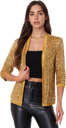 Allegra K Damen Pailletten Cardigan 3/4 &Auml;rmel Open Front Pailletten Jacken Samt Party Cocktail Shrug, gelb, Large