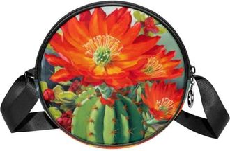 Generic Sac &agrave; bandouli&egrave;re rond pour femme, motif cactus rouge, petit sac &agrave; bandouli&egrave;re avec fermeture &eacute;clair, bretelles r&eacute;glables, sac &agrave; main rond d&eacute;contract&eacute;