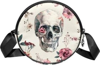 Generic Petit sac &agrave; bandouli&egrave;re circulaire pour femme, motif cr&acirc;nes, fleurs, petit sac &agrave; bandouli&egrave;re avec fermeture &eacute;clair, bretelles r&eacute;glables, sac &agrave; main ro