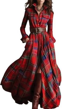 Generic Robe longue à manches longues boutonnée sur le devant pour femme, style rétro, occidental, pastoral, cowboy, col en V, boutonnée, avec poches, 11-K, X