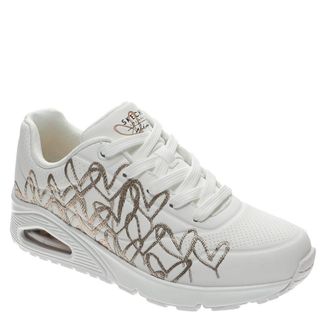 Skechers Damen UNO Golden HeartSneaker, Wei&szlig;e Durabuck-Mylar-Stickerei in Rotgold, 39.5 EU