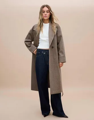 Bershka long manteau doux ceintur&eacute; bronze-Marron