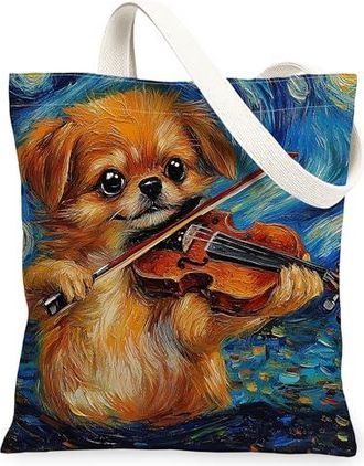 Generic Pekingese Sac fourre-tout en toile pour faire du shopping 33 x 38,1 cm, motif violon &eacute;toil&eacute;, sac &agrave; bandouli&egrave;re r&eacute;utilisable pour femme, animal domesti
