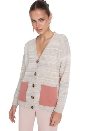 Trendyol Trendyol Damen Frau Design Regular Standard V-Ausschnitt Strickwaren Cardigan Pullover, Natur, L
