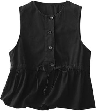 Generic 2026 Vestes pour femmes veste gilet coupe ample minceur et r&eacute;duction de l&acirc;ge col rond bord volants design Sense Top, Noir, XXL