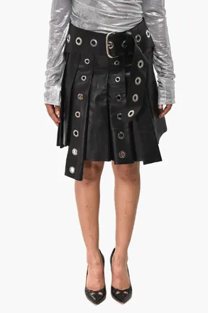 Off-white Pliss&eacute; Leather Mini Skirt EYELETS With Belt And Buckle Off-White