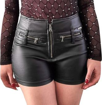ORANDESIGNE Short en Cuir PU pour Femme Sexy Short Simili Cuir Taille Haute Décontracté Ete PU Bermuda Pantalons Court Streetwear Hotpants avec Poches D Noir XS