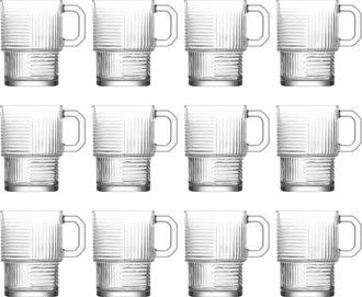LAV 12x Klar 270ml Helen Stapelbare Kaffeetassen aus Glas - Latté Tee Heiße Schokolade Cappuccino Espresso Trinken Bechers Gläser Set mit Griff