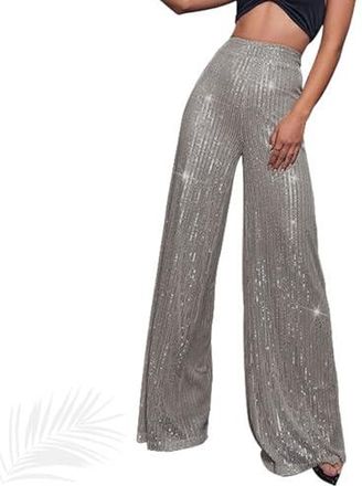 Generic Pantalon palazzo taille haute &agrave; paillettes pour femme - Pantalon de f&ecirc;te scintillant, gris, 5XL