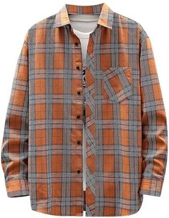 Generic Chemise &agrave; carreaux &agrave; manches longues d&eacute;contract&eacute;e boutonn&eacute;e pour homme - T-shirt l&eacute;ger et respirant pour printemps et automne, Orange, 3XL