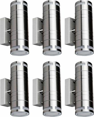 ETC Shop Wandlampe Au&szlig;enleuchte Gartenlampe Up Down Strahler Edelstahl Spot, Edelstahl Glas, 2x GU10, DxH 6x17,8 cm, 6er Set