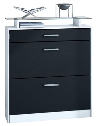 Vladon Schuhschrank Loret 89 x 104 x 23 cm Schuhkipper f&uuml;r 16 Paar Schuhe mit 1 Schublade, 1 Glasablage, Farben Wei&szlig; matt & Schwarz matt