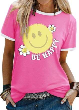 Dresswel Tshirt Damen Be Happy L&auml;chelndes Gesicht Druck T-Shirt Rundhals Kurzarm T Shirts Sommer Oberteile Tee Tops Bluse