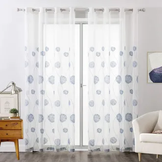Miulee Vorhänge mit Florales Stickerei, Gardinen Weiß mit Dunkelblau Muste für Wohnzimmer, Schlafzimmer Vorhang Transparent mit Ösen, 2er Set Voile Blumen Du