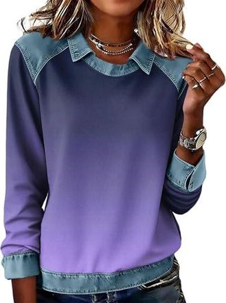 Generic Sweat-shirt l&eacute;ger &agrave; col en denim patchwork pour femme - Style r&eacute;tro - Streetwear - Pour la Saint Patrick, violet, XXL