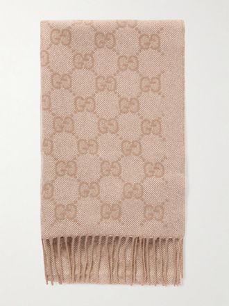 Gucci Schal Aus Metallic-jacquard Aus Einer Kaschmirmischung Mit Logomuster Und Fransen - Neutral