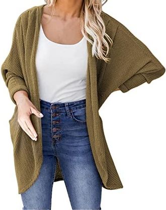 Generic 2026 Vestes pour femmes ouvert sur le devant long tricot doux pull couleur unie manches l&acirc;che veste d&eacute;contract&eacute;e cardigan, vert militaire, XXL