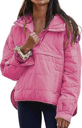 Generic Manteau surdimensionn&eacute; l&eacute;ger &agrave; capuche en coton pour femme, veste de loisirs confortable et coupe-vent, rose, XXL