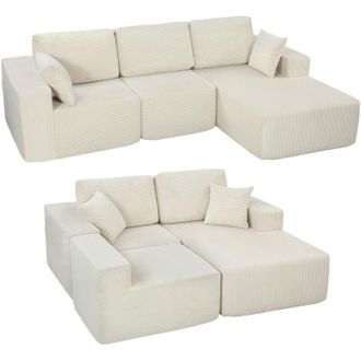 HOMCOM Canap&eacute; dangle - HOMCOM - modulable - 2 en 1 - 3 places - larges assise et accoudoirs, 2 coussins - velours c&ocirc;tel&eacute; - 267cm - cr&egrave;me