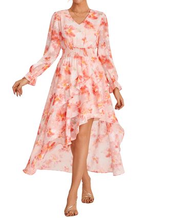 Grace Karin Damen Kleider A-Linien Langarm Blumenkleid V-Ausschnitt Sommerkleid Damen Leicht und Luftig Kleider f&uuml;r Hochzeitsg&auml;ste Aprikose-Orange Blume M