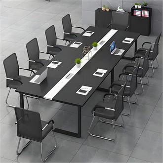 Generic Gro&szlig;er Besprechungstisch mit Kabelkanal, gro&szlig;er Konferenztisch for viele Personen, schwarzes Metallgestell, Holzdesign, einfache Montage(Negro+Blanco,