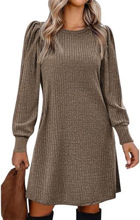 Generic Robes dautomne pour femmes 2025 Robe pull &agrave; manches longues et col rond, robe pull fluide et d&eacute;contract&eacute;e, longueur genou, caf&eacute;, XXL