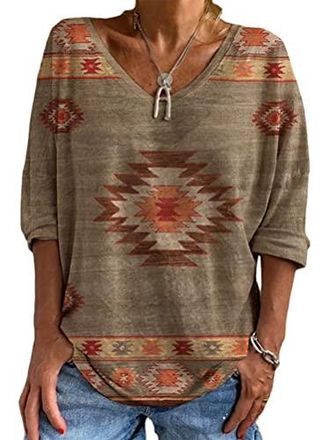 Onsoyours Femme Vintage Imprim&eacute; Chic Col en V 3/4 Manches Shirts &Eacute;l&eacute;gant Imprim&eacute; Tops Blouse Mode Casual Loose Tunique Tops Hauts T-Shirts F Gris M