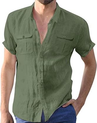 Generic Chemise en lin pour hommes &agrave; manches courtes : chemise d&eacute;t&eacute; boutonn&eacute;e chemise de plage avec poche poitrine chemises d&eacute;contract&eacute;es chemise sup&eacute;rieure r