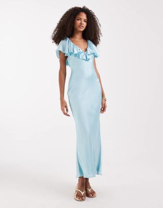 Pretty Lavish Maxikleid aus strukturiertem Satin in zartem Aqua mit R&uuml;schen und V-Ausschnitt-Blau