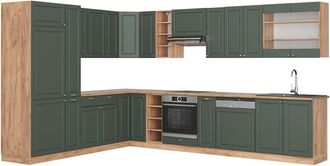 Vicco Eckküche Fame-Line, Grün-Gold Landhaus/Goldkraft Eiche, 257 x 347 cm ohne Arbeitsplatte