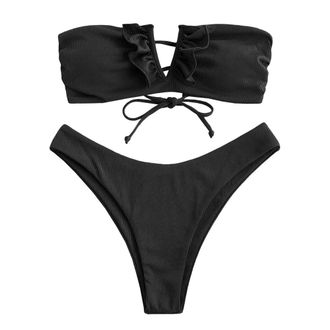 Zaful V-Verdrahtet Gerippt Fest Hoher Schnitt Bandeau Bikini Set Gepolstert Zwei St&uuml;cke Badeanzug Bademode f&uuml;r Damen (C-Schwarz,S)