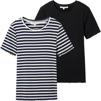 Tom Tailor Tom Tailor Denim Damen Basic T-Shirt im Doppelpack,36998 - Dark Blue White Stripe, S