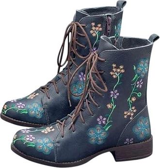 Generic Bottes dhiver pour femme - Bottes de marche mi-mollet - Bottines de combat brodées à fleurs - Chaussures de combat à lacets pour femme - En cuir à fle