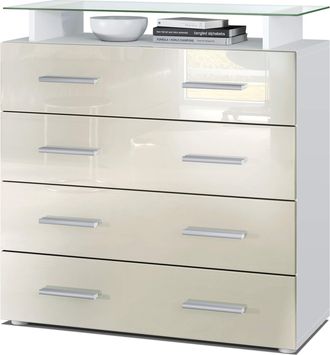 Vladon Sideboard Pavos V2, Kommode mit 4 Schubladen und Glasablage, Weiß matt/Creme Hochglanz (76 x 81 x 35 cm)