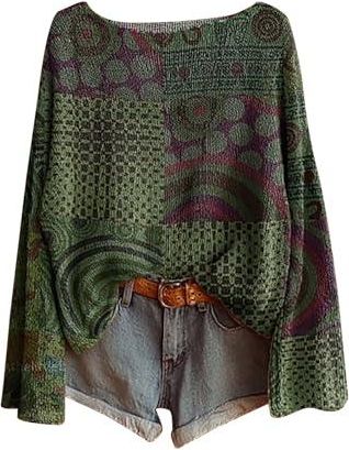 Generic Pull D Hiver Femme Vintage Imprim&eacute; Floral Boh&egrave;me Pullover Tricot&eacute; Chic Et &Eacute;l&eacute;gant Col Rond &Agrave; Manches Longues Sweatshirts Motif Jacquard Tunique Oversi