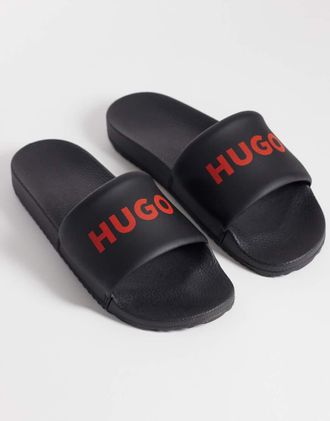 HUGO BOSS HUGO Red claquettes &agrave; logo noires