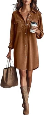 Minetom Robe Chemise en Velours C&ocirc;tel&eacute; Femme Automne Hiver D&eacute;contract&eacute;e Manches Longues Robes avec Boutons Poches A Marron XL