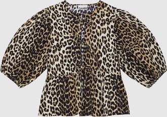 Ganni Blouse Printed Cotton Poplin Peplum Blouse Leopard