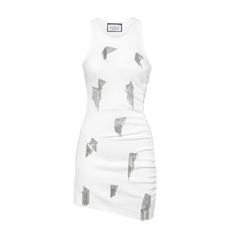 Philipp Plein Femme, Robes, Blanc, Taille: 40 FR Jersey Rib Short Dress Fringe