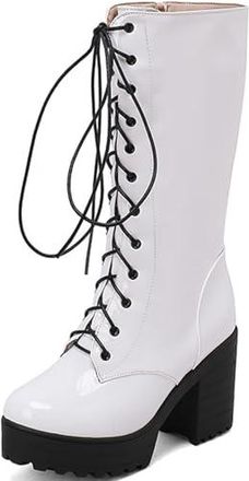 SJJH Bottes mi-longues &agrave; lacets r&eacute;glables | Bottes pour femme pour temps frais, talon 9,5 cm, fermeture &eacute;clair lat&eacute;rale, doublure chaude, Blanc., 42 EU