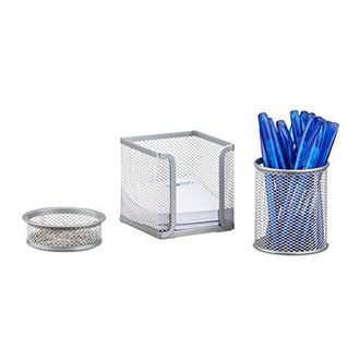 Relaxdays Schreibtisch Organizer 3er Set Metall, Schreibtisch-Set, B&uuml;roset Mesh, Zettelbox, zwei K&ouml;cher, silber, 13.5 x 10.5 x 10 cm