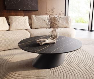 DELIFE Couchtisch Edge Rund 100x100 cm Keramik Laminam Noir Desir Braun Conis Metall Schwarz, Couchtische