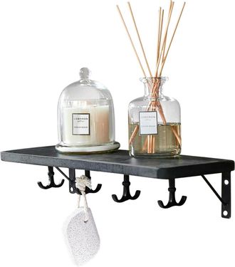 Loberon Wandregal Agnessa, Handgefertigt, Vier Robuste Doppelhaken, Vintage-Look, Rustikaler Material-Mix, Ablage, Aufh&auml;ngem&ouml;glichkeit, Mangoholz, Gusseisen, 