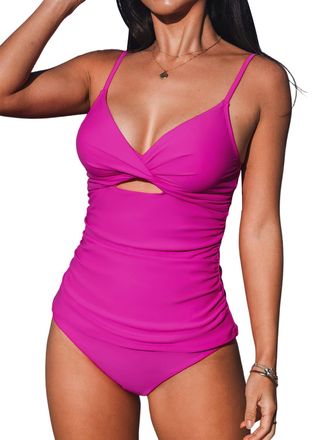 Cupshe Damen Gro&szlig;e Gr&ouml;&szlig;en Tankini Set V Ausschnitt Crossover Raffung Cutouts Bauchweg Mid Waist Reversible Bikinihose Zweiteiliger Badeanzug Plus Size Curvy 
