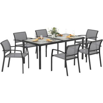 OUTSUNNY Sitzgruppe 7 tlg. Essgruppe f&uuml;r 6 Personen Esstisch mit 6 Stapelbare St&uuml;hle, Esszimmergruppe K&uuml;chentisch-Set mit Stahlgestell Balkonm&ouml;bel Gartenm&ouml;bel