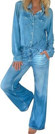 Generic Ensemble de pyjama en jean pour femme, pyjama en denim doux et extensible avec pantalon &agrave; jambe large d&eacute;contract&eacute;e, v&ecirc;tement de d&eacute;tente respirant pour