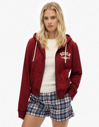 Superdry Athletic Essentials - Locker geschnittener Cropped-Kapuzenpullover In Bordeauxrot mit Rei&szlig;verschluss