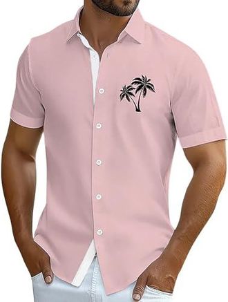Generic Chemise hawa&iuml;enne l&eacute;g&egrave;re &agrave; manches courtes pour homme - Coupe droite - Chemise d&eacute;t&eacute; avec imprim&eacute; - Chemise de loisirs boutonn&eacute;e - Respirant - Chemise 