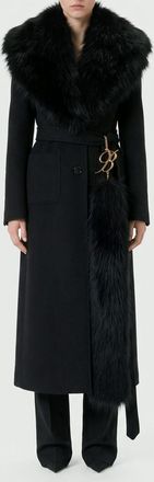 Blumarine Langer Wollmischmantel mit Pelzkragen und G&uuml;rtel